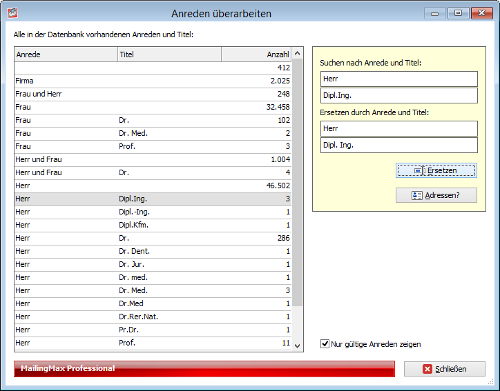 Anreden/Titel ersetzen - MaxPro Handbuch